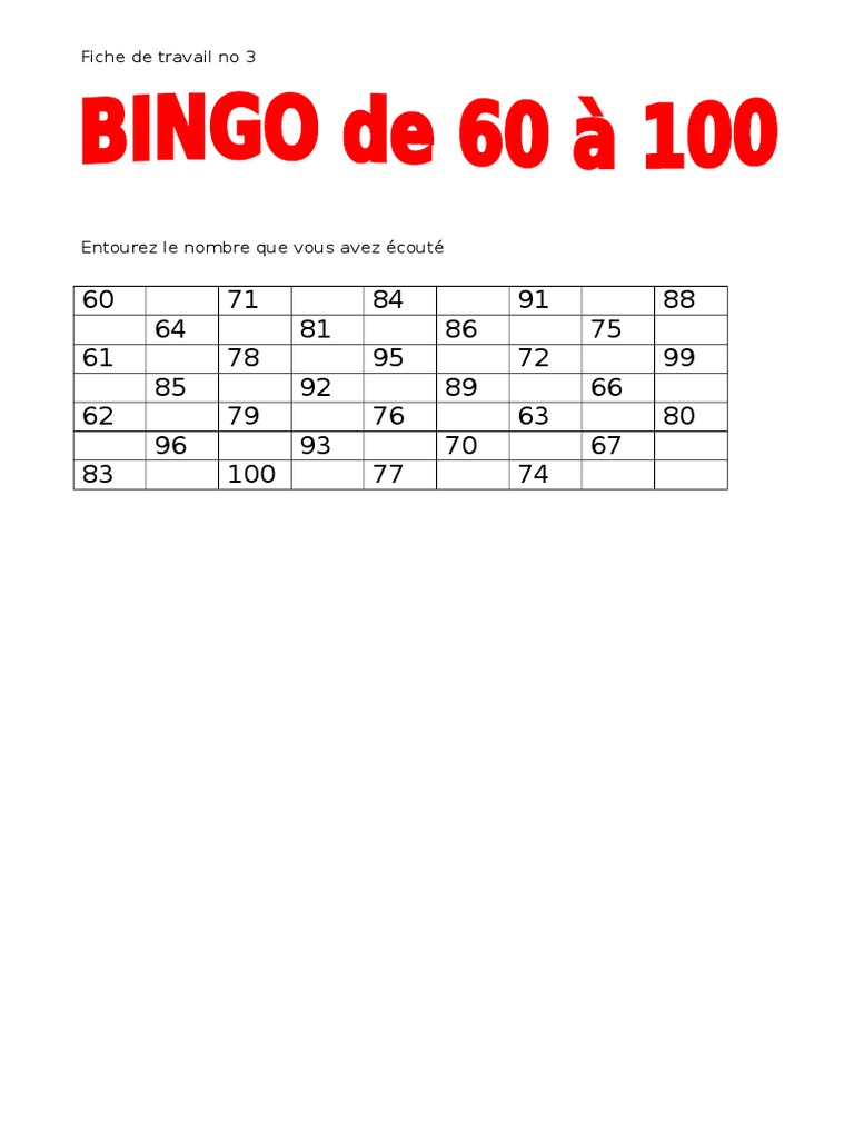 Bingo des Nombres de 60 à 100 | PDF
