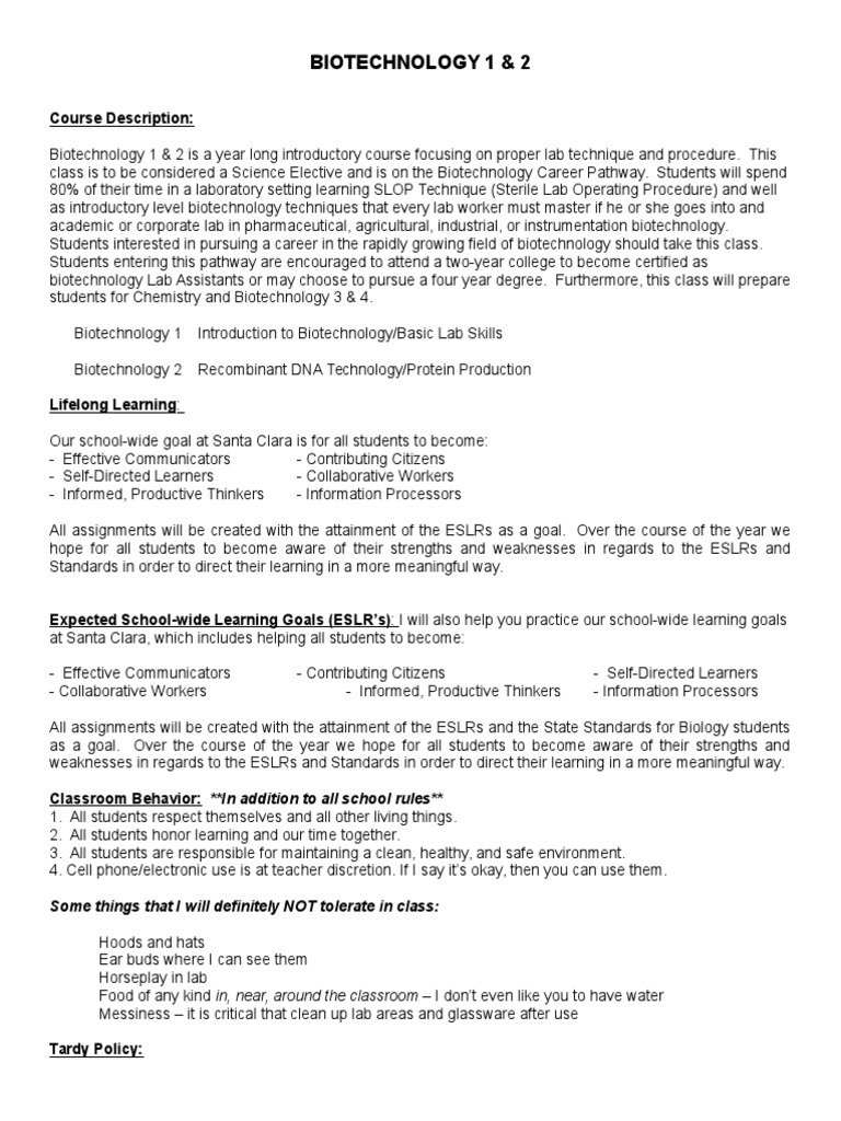 Biotech12syllabus Public | PDF | Laboratories | Biotechnology