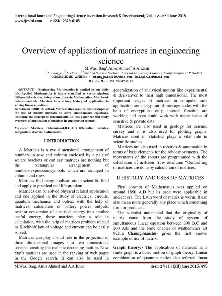 Overview of Application of Matrices in Engineering Science | PDF