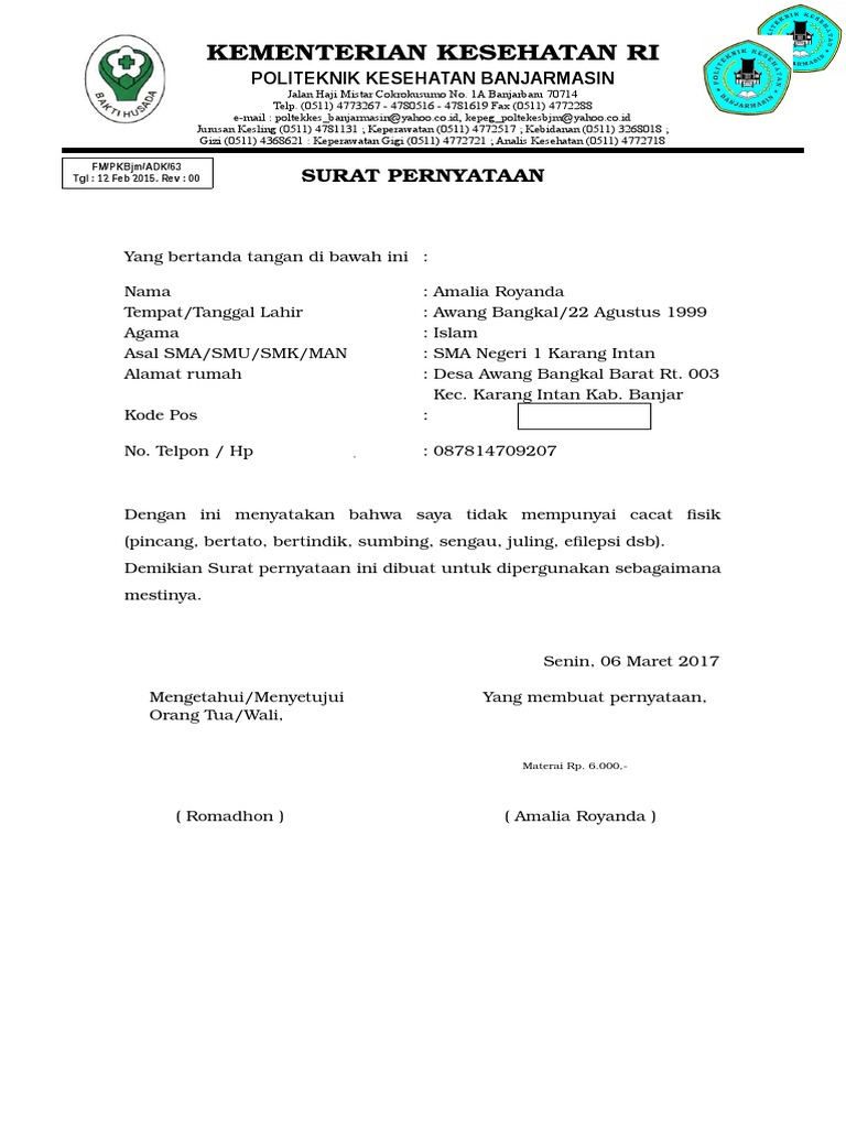Form Surat Pernyataan Tidak Cacat Fisik | PDF