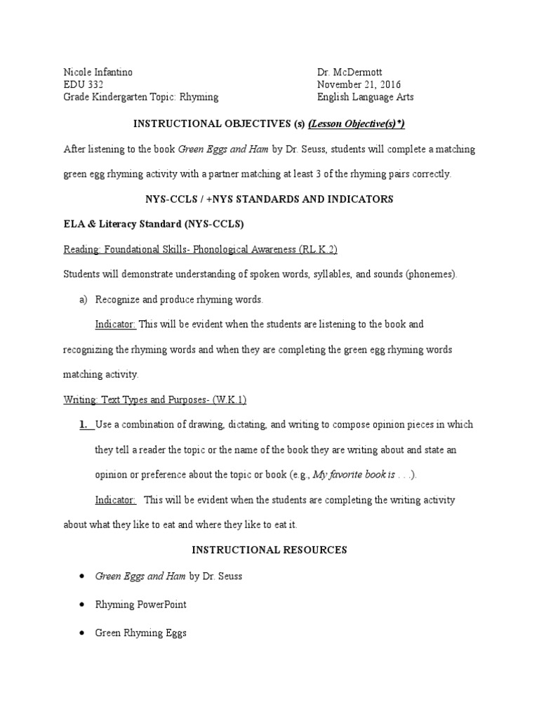Edu 332 Green Eggs and Ham Lesson Plan | PDF | Education Theory | Human ...