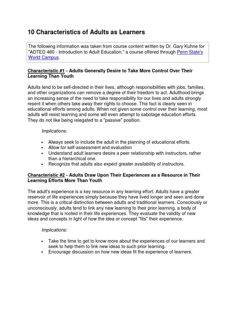 Ten Characteristics Adults-Learners | PDF | Adult Education | Learning