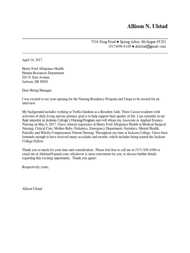 Nursing Residency Application: Allison Ulstad | PDF