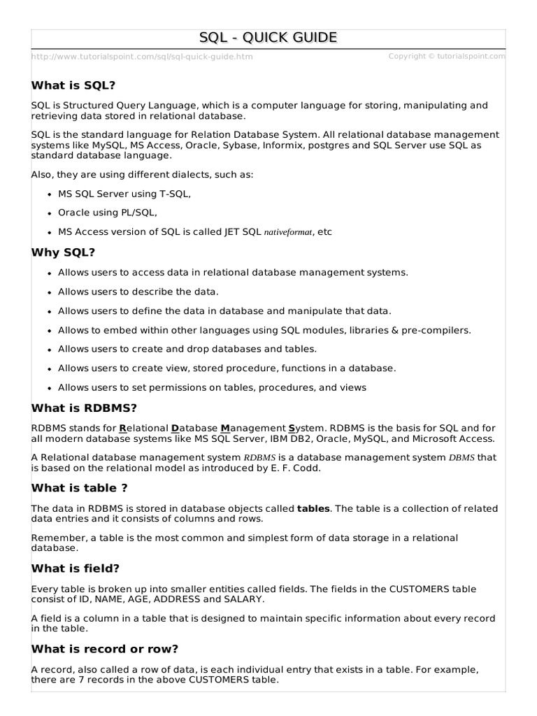 SQL Quick Guide PDF | PDF | Sql | Databases
