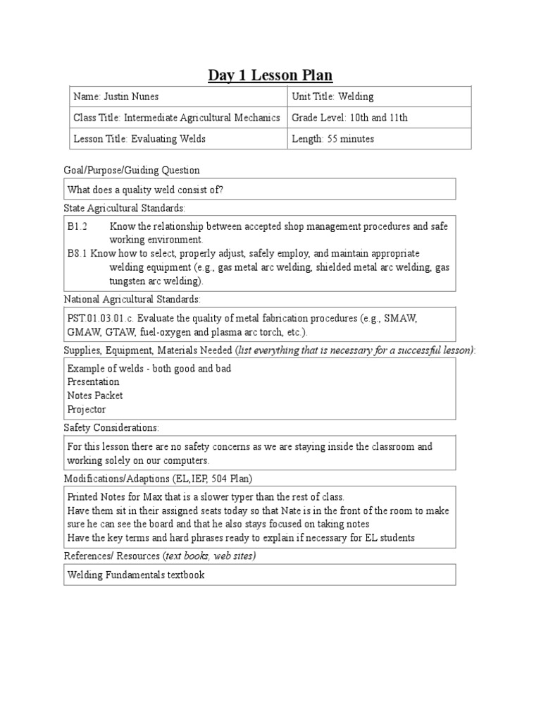 Lesson Plans Edtpa | PDF | Welding | Construction