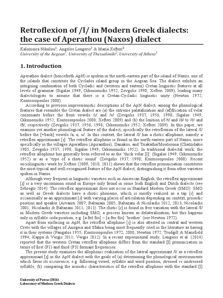 Retroflexion of L in Modern Greek Dialects | PDF | Syllable | Vowel