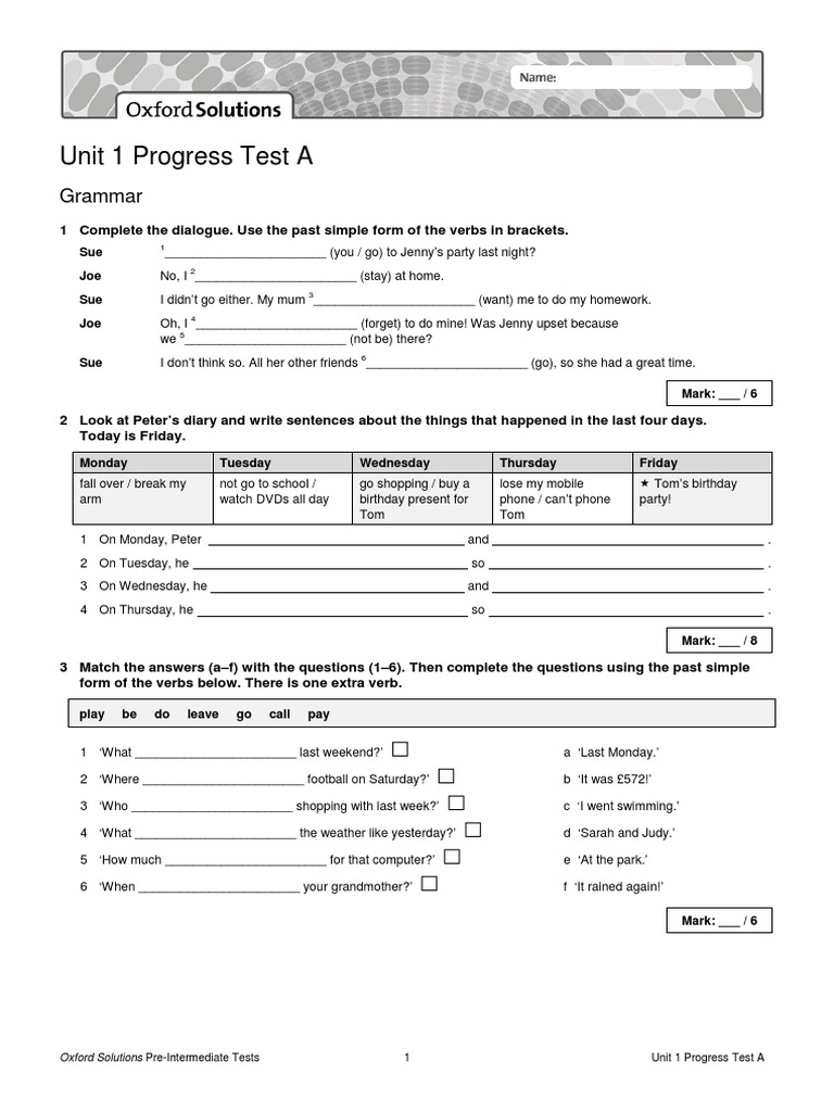 Oxford Solutions Pre-Int Progress Test Unit 1 A | PDF | Languages