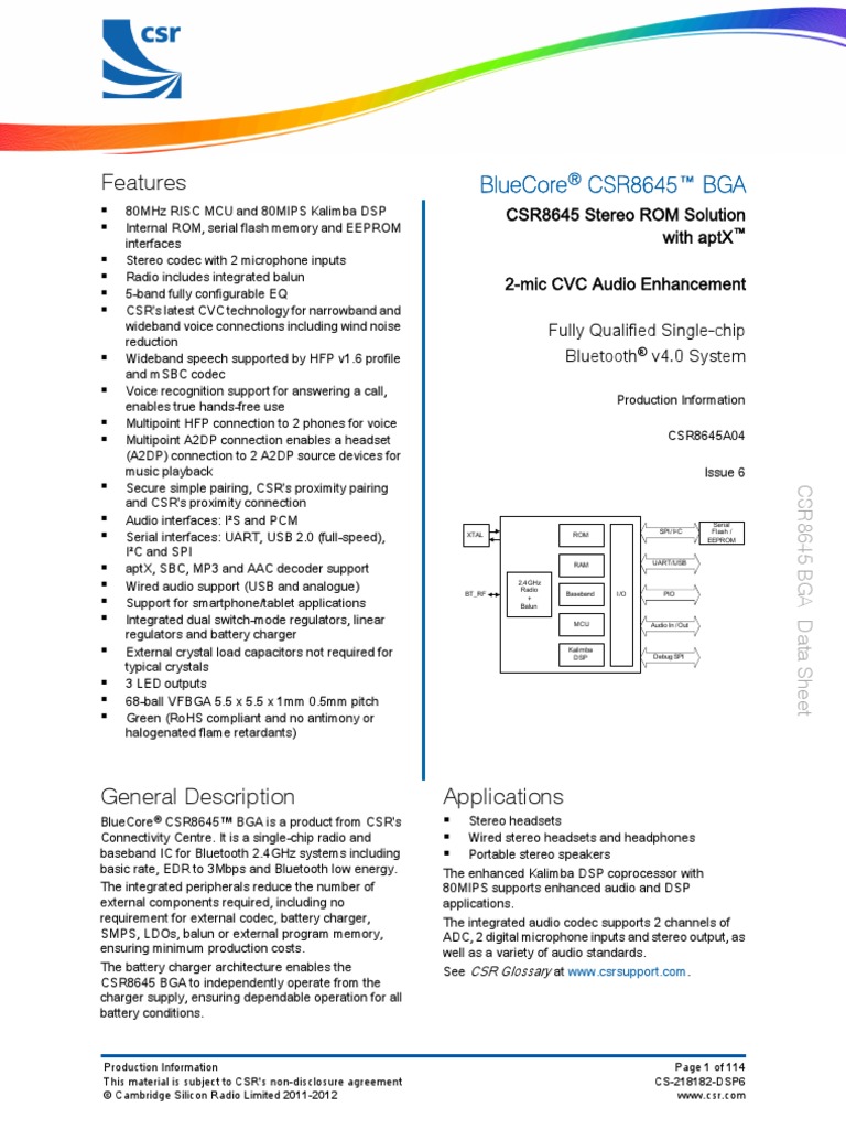 Datasheet csr8645 | Download Free PDF | Bluetooth | Microcontroller