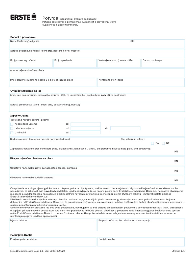 Kreditni Zahtjev-Potvrda Poslodavca | PDF