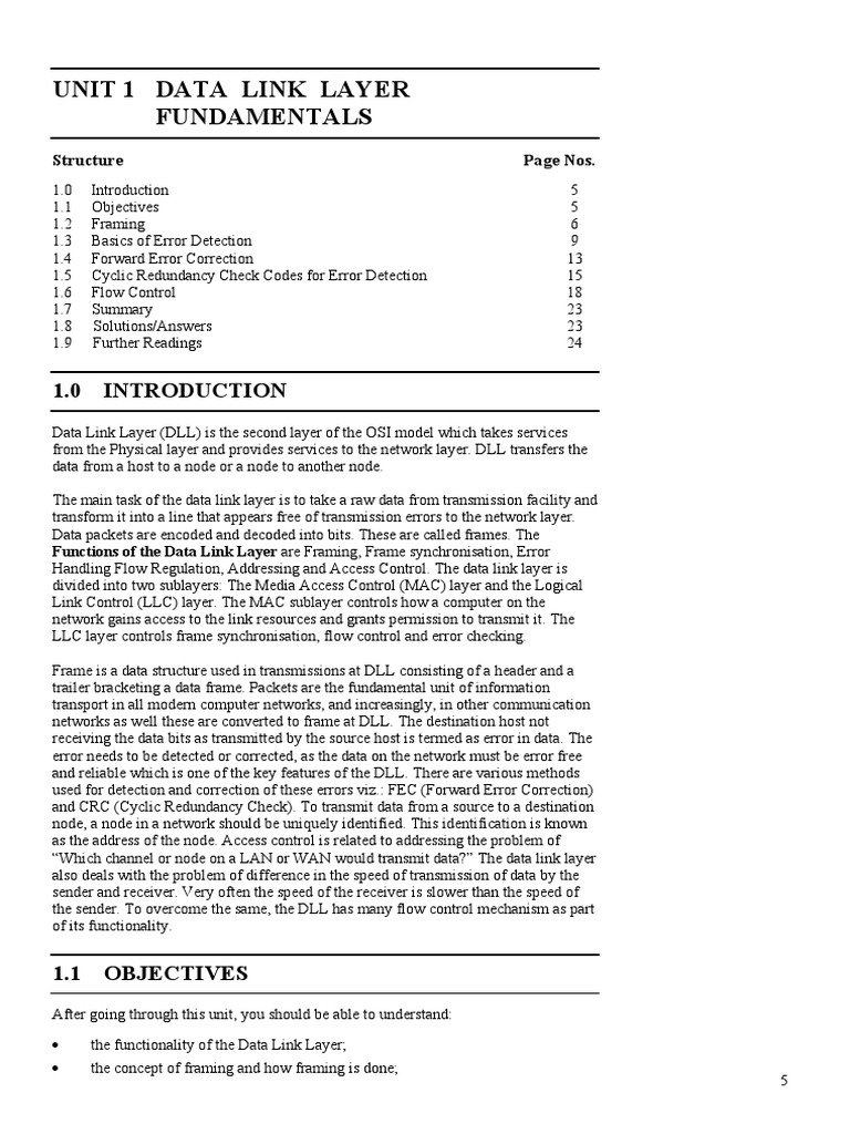 Unit 1 Data Link Layer Fundamentals: Structure Page Nos | PDF ...