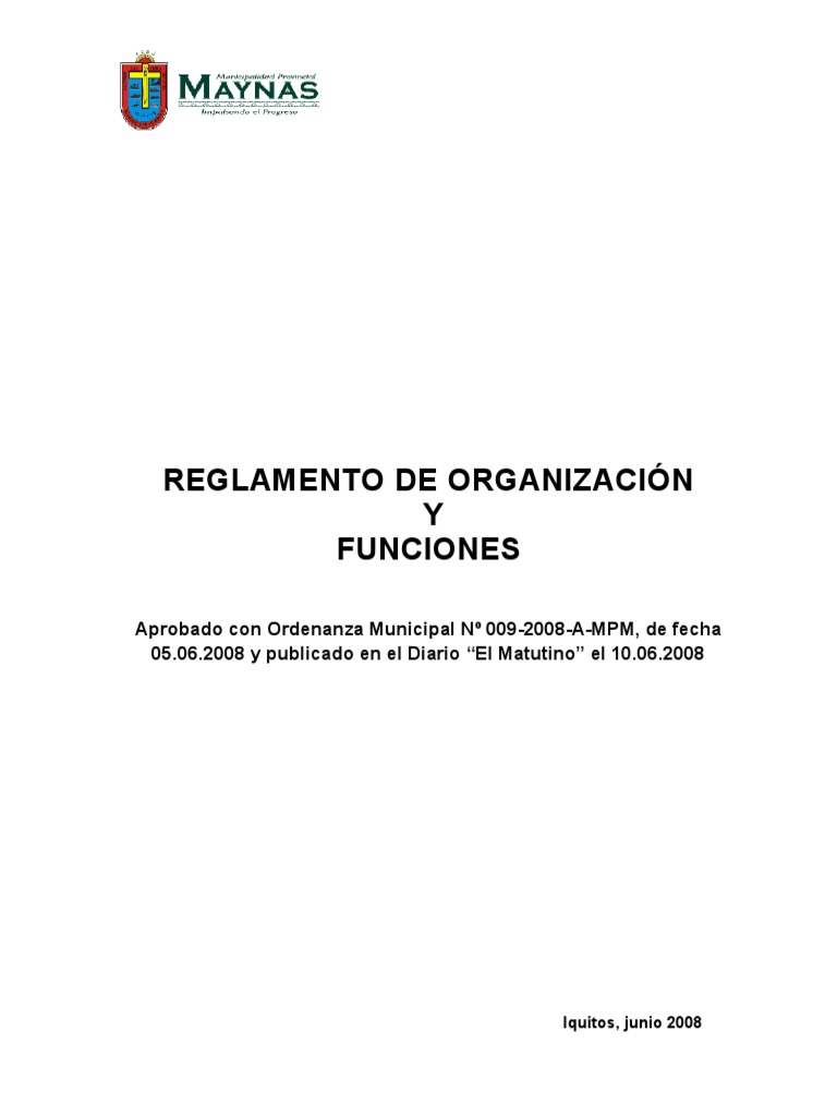 Reglamento de organización y funciones de la Municipalidad Provincial de Maynas (ROF-MPM | PDF ...
