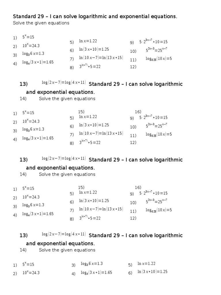 Solve Exponential and Logarithmic Equations Practice Assignment | PDF | Logarithm | Teaching ...