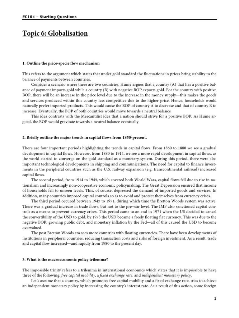 Topic 6: Globalisation: 1. Outline The Price-Specie Flow Mechanism ...