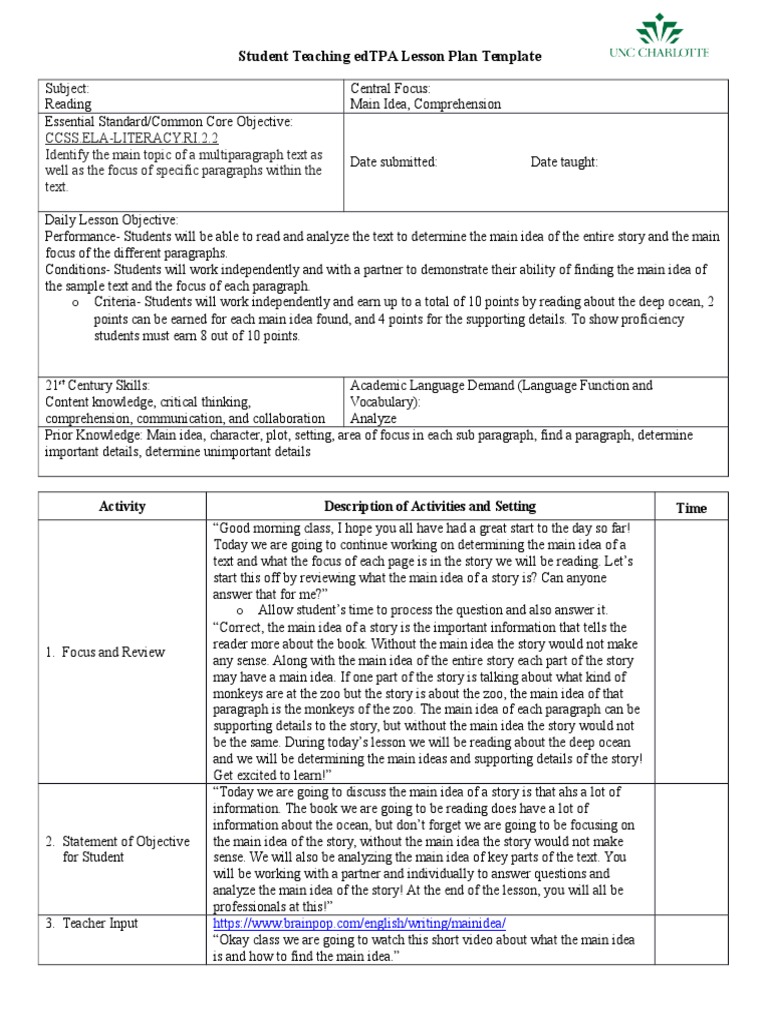 Student Teaching Edtpa Lesson Plan Template | PDF | Reading ...