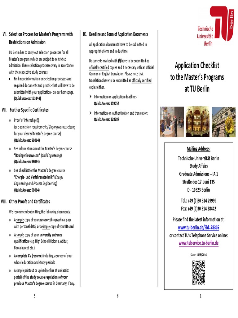 Application Checklist To The Master's Programs at TU Berlin: Deadline and Form of Application ...
