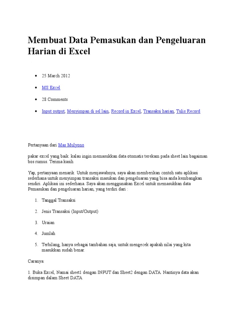 Membuat Data Pemasukan Dan Pengeluaran Harian Di Excel | PDF
