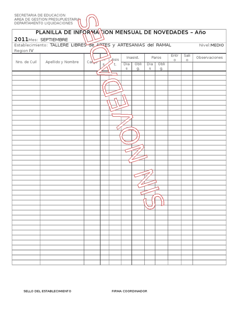 Planilla de Informacion Mensual de Novedades