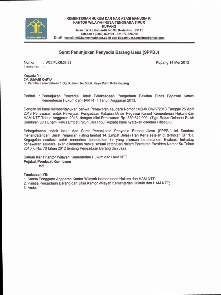 Surat Penunjukan Penyedia Barang & Jasa (SPPBJ) Pakaian Dinas | PDF
