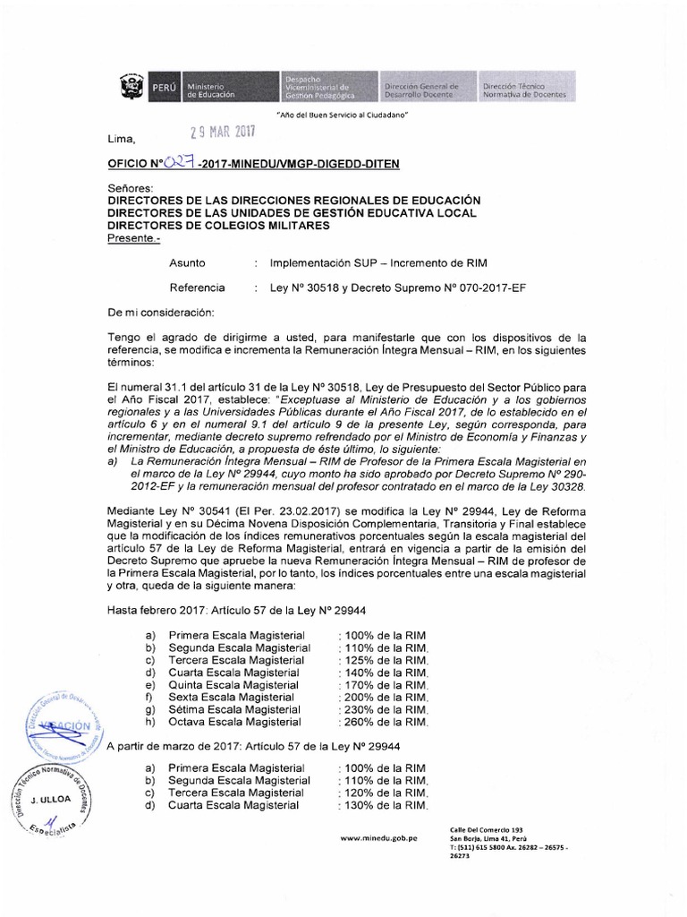 Oficio Multiple 027-2017 Imcremneto de La RIM | PDF