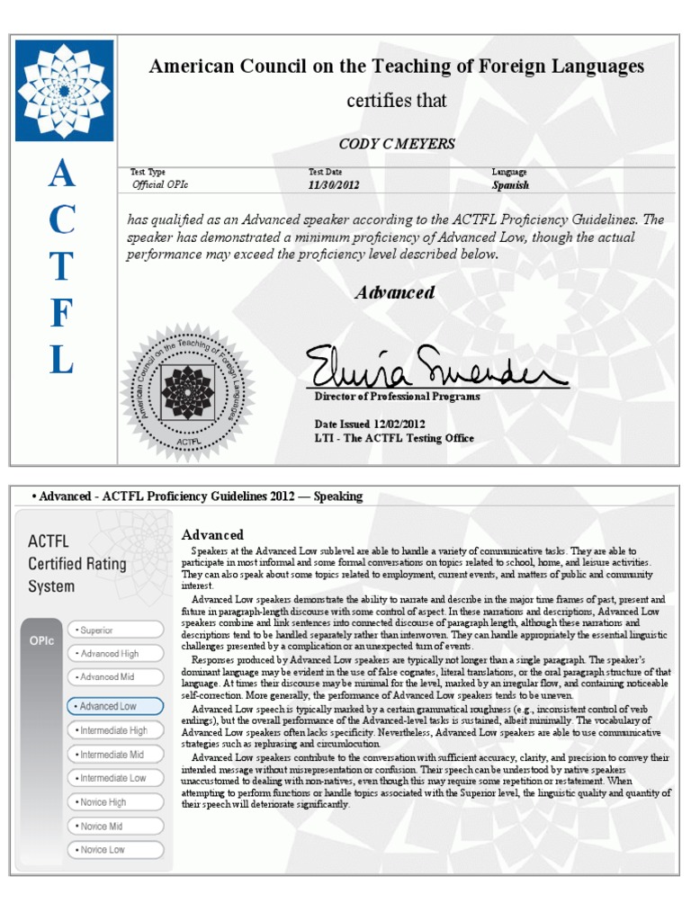 Cody Meyers ACTFL Advanced Spanish Certification | PDF | Applied ...