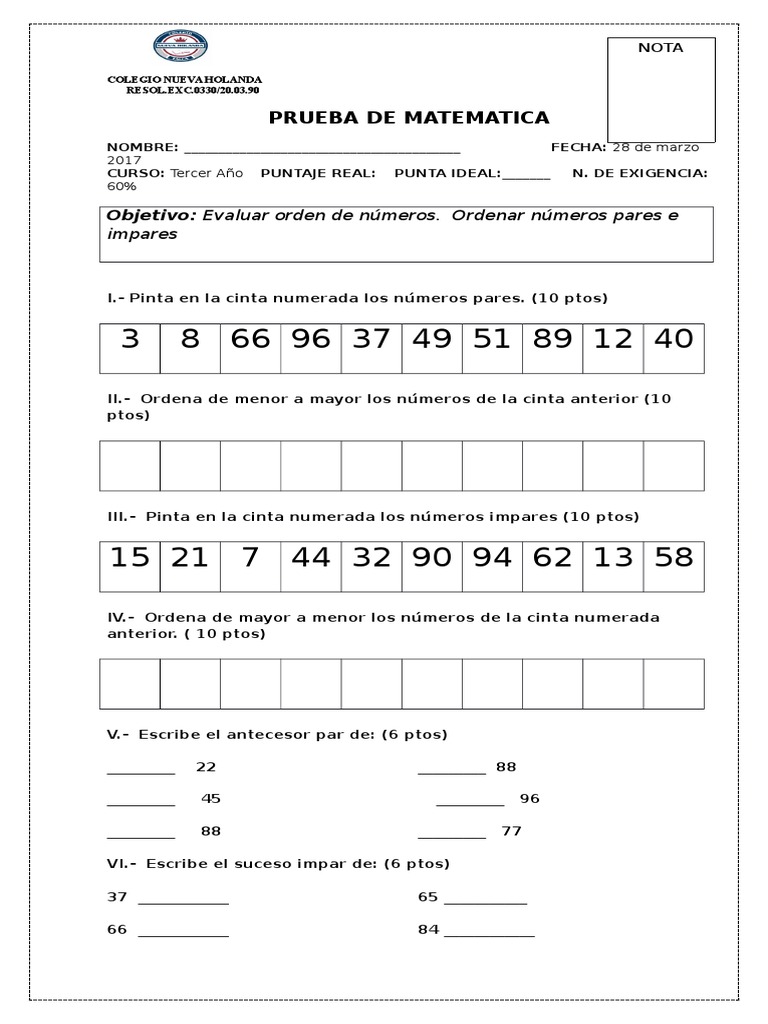 Evaluación de Números Pares e Impares | PDF