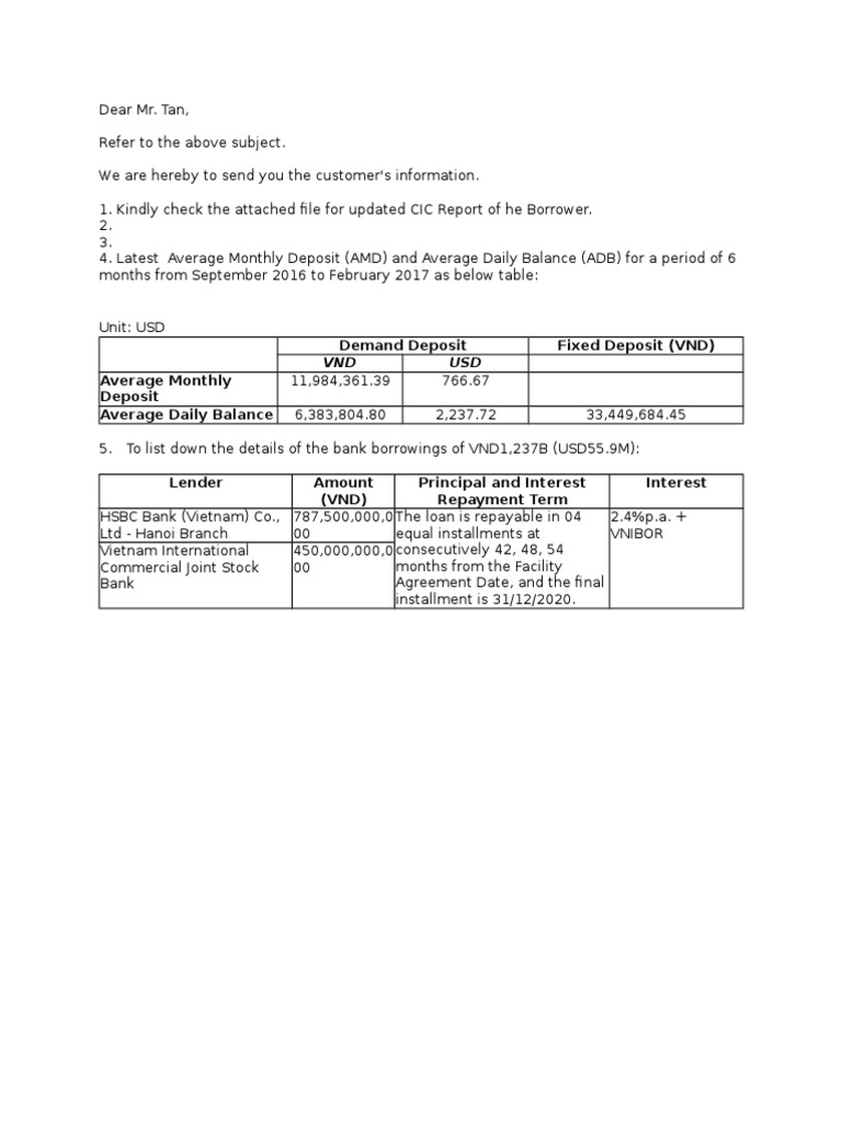Demand Deposit Fixed Deposit (VND) Average Monthly Deposit Average ...