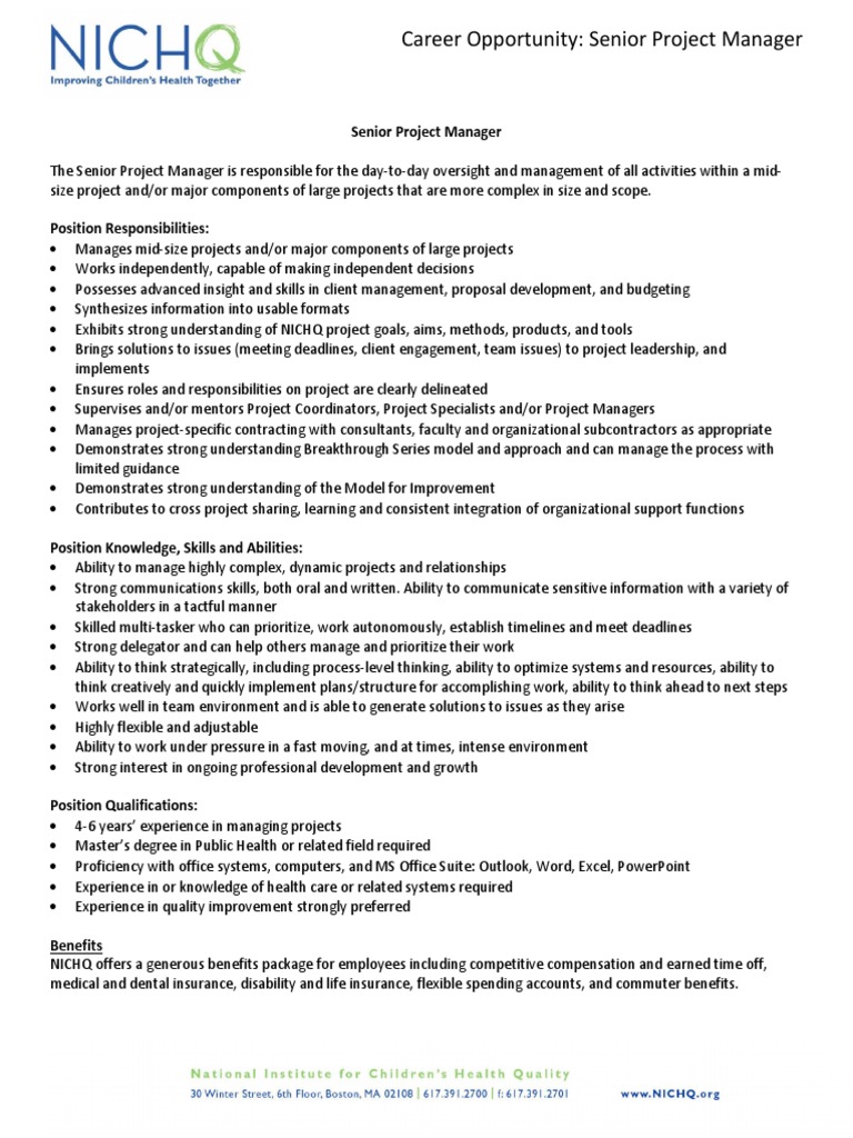 Senior Project Manager Job Opening | PDF | Health Care | Infant Mortality