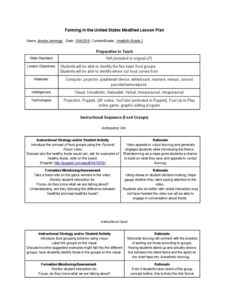 Food Groups Lesson Plan for K-2 | PDF | Educational Assessment | Menu ...