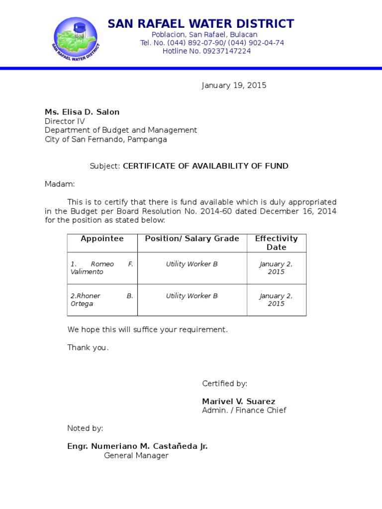 Certificate of Fund Availability Notice | PDF