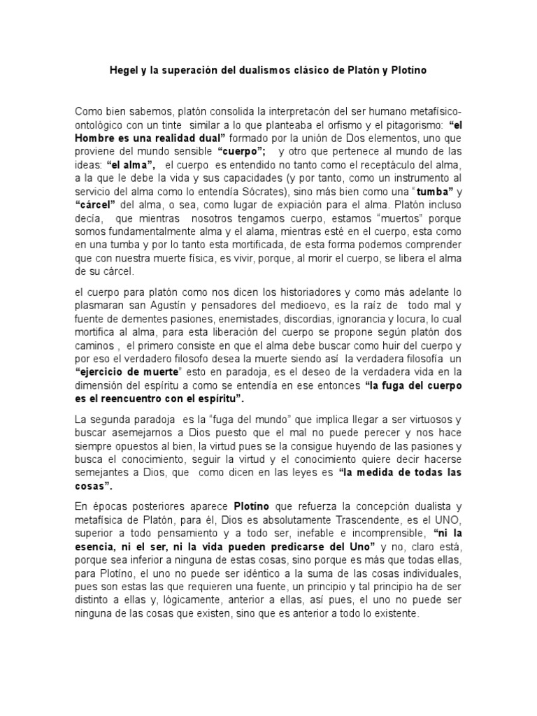 Hegel y La Superación Del Dualismos Clásico de Platón y Plotíno | PDF | Metafísica | Platón