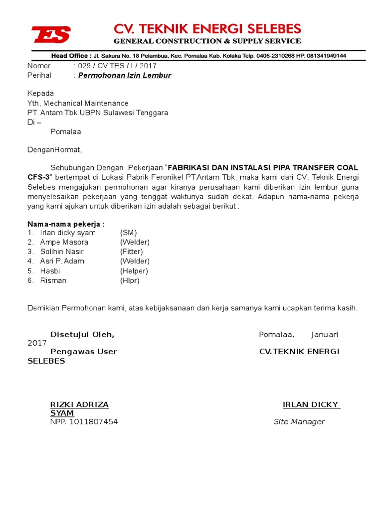 Surat Ijin Lembur | PDF