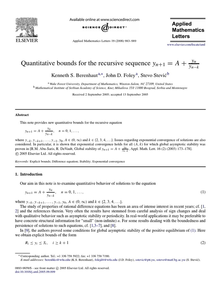 Quantitative Bounds For The Recursive Sequence Y: Kenneth S. Berenhaut ...
