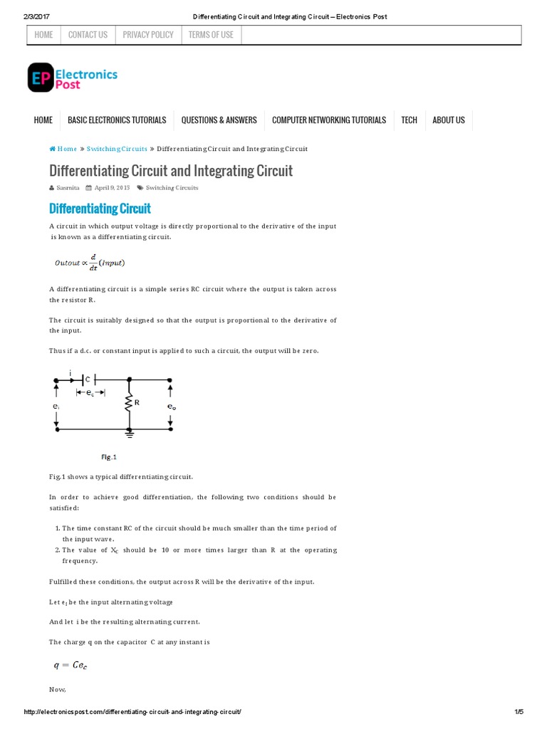 Differentiating Circuit and Integrating Circuit - Electronics Post ...