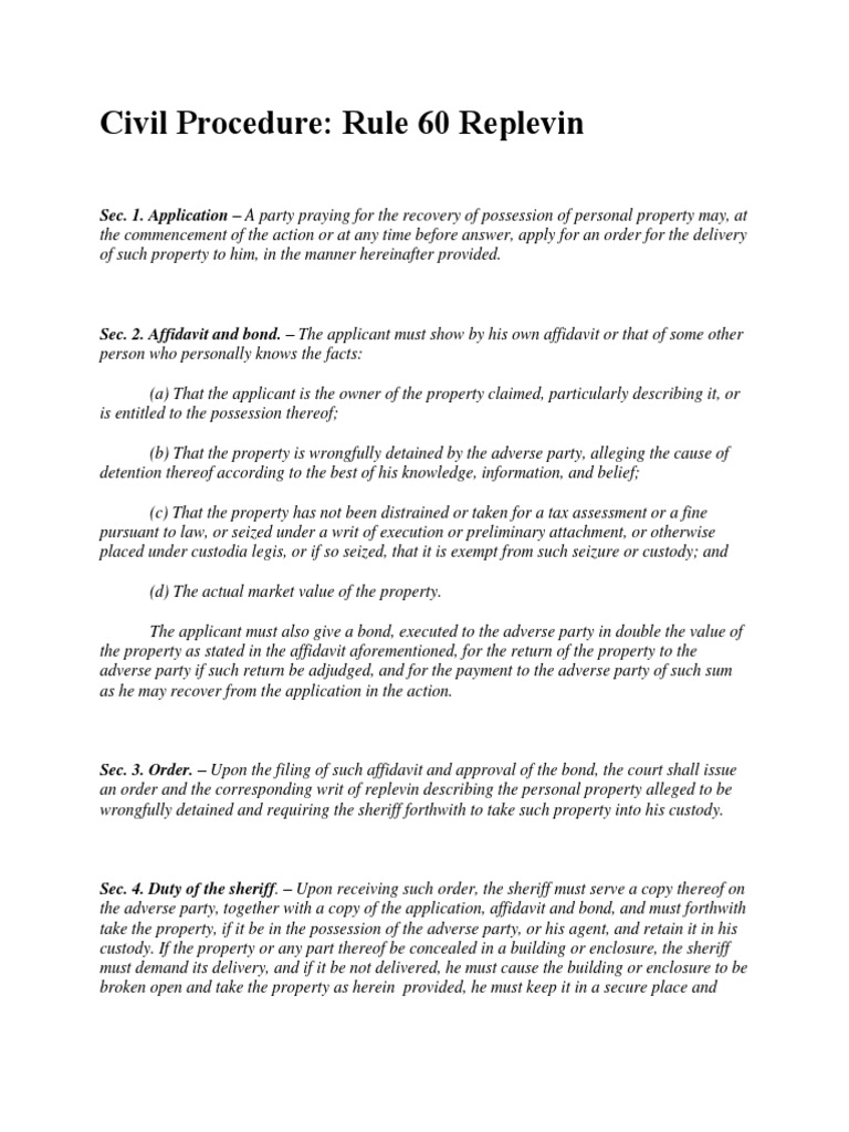 Civil Procedure - Replevin PDF | PDF | Surety Bond | Damages