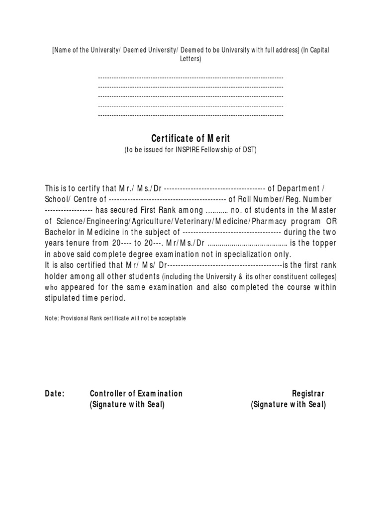 Certificate of Merit DST INSPIRE | PDF | Master Of Science ...