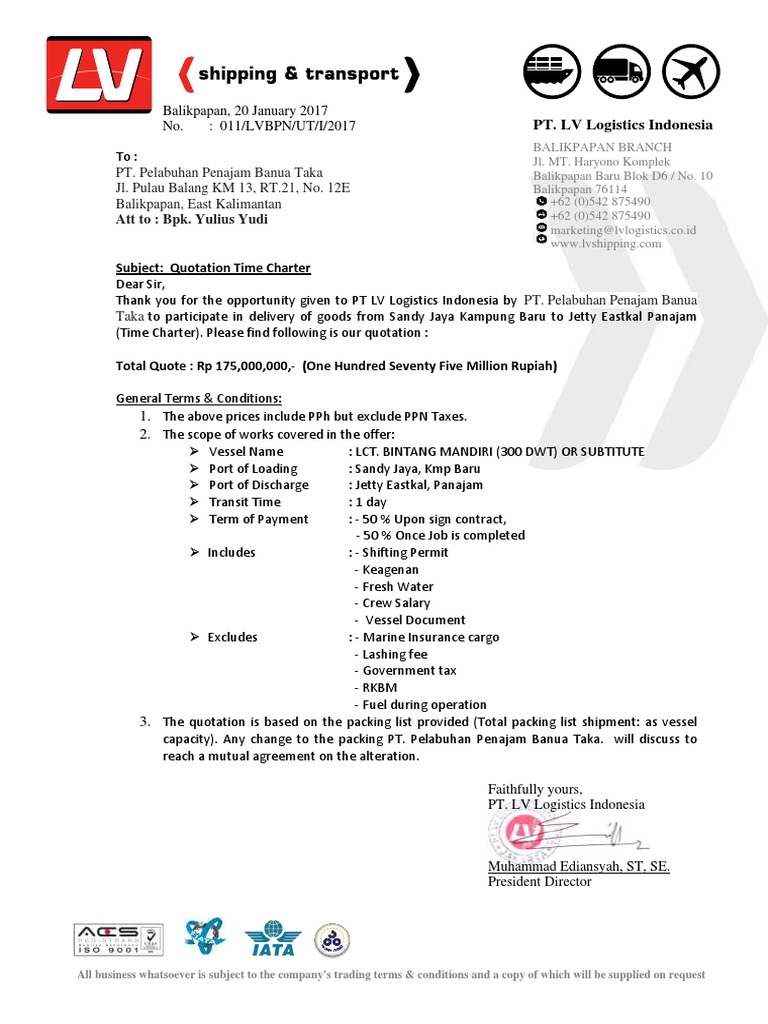 Quotation Time Charter (EASTKAL) | PDF | Shipping | Transport