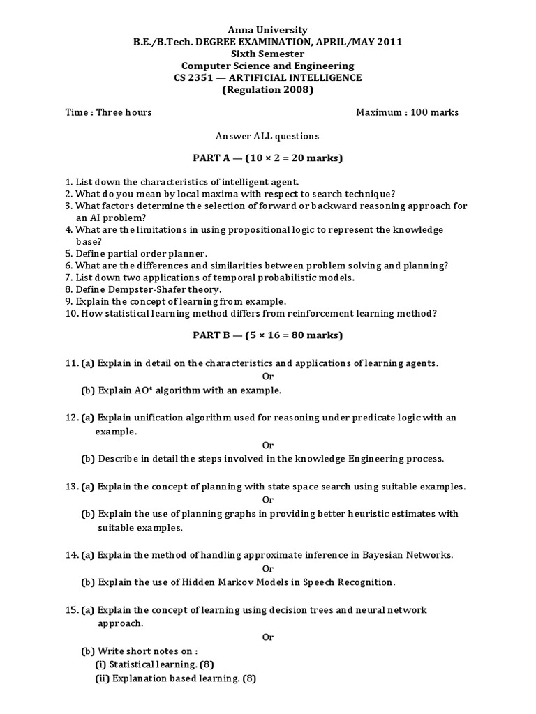 CS2351 AI Question Paper April May 2011 | Artificial Intelligence ...