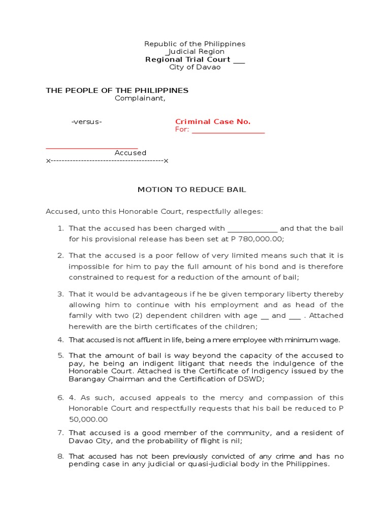 Motion To Reduce Bail | PDF | Bail | Prosecutor