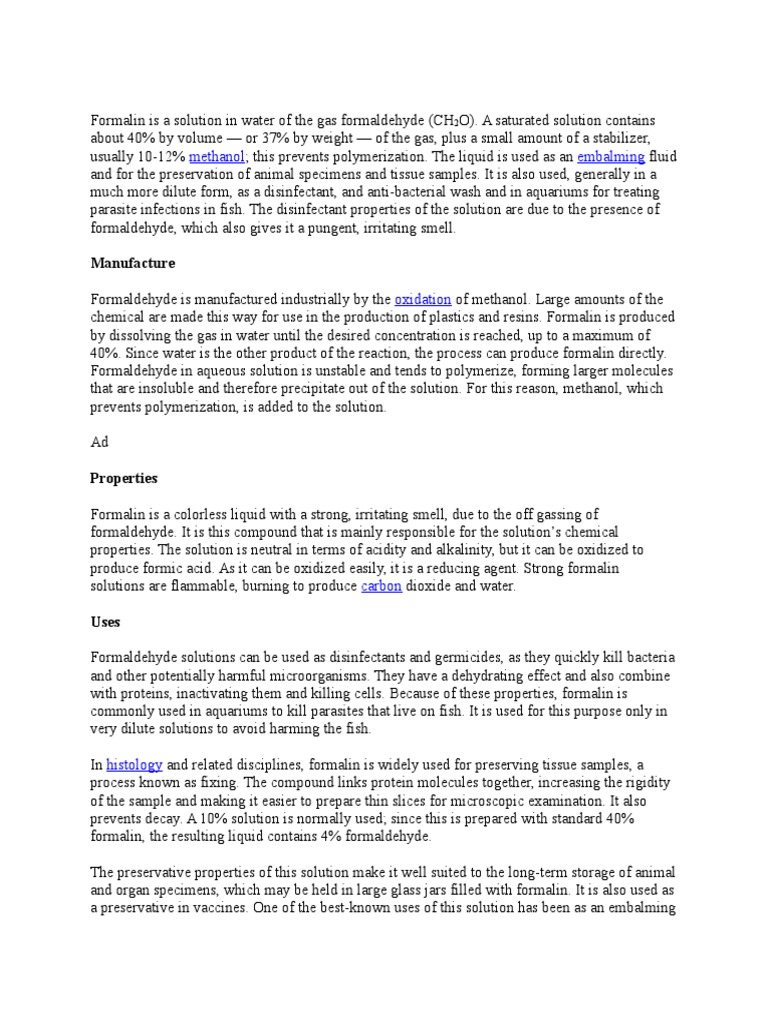 Formalin Is A Solution in Water of The Gas Formaldehyde | PDF ...