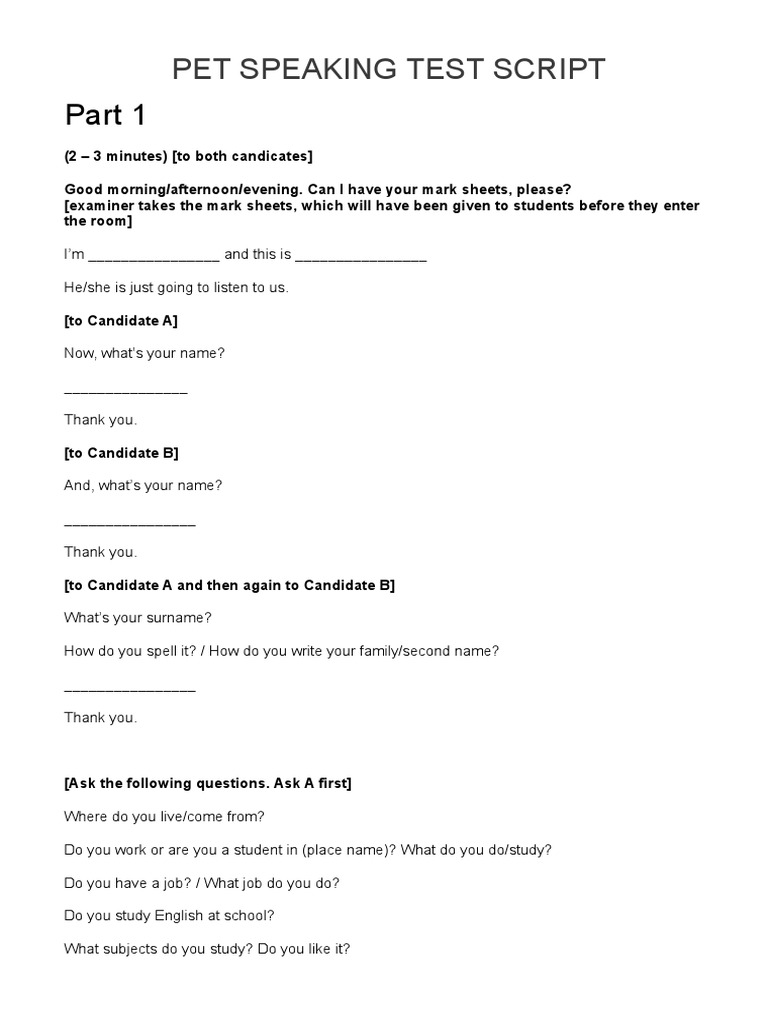 PET Speaking Test Script Guide | PDF | Leisure