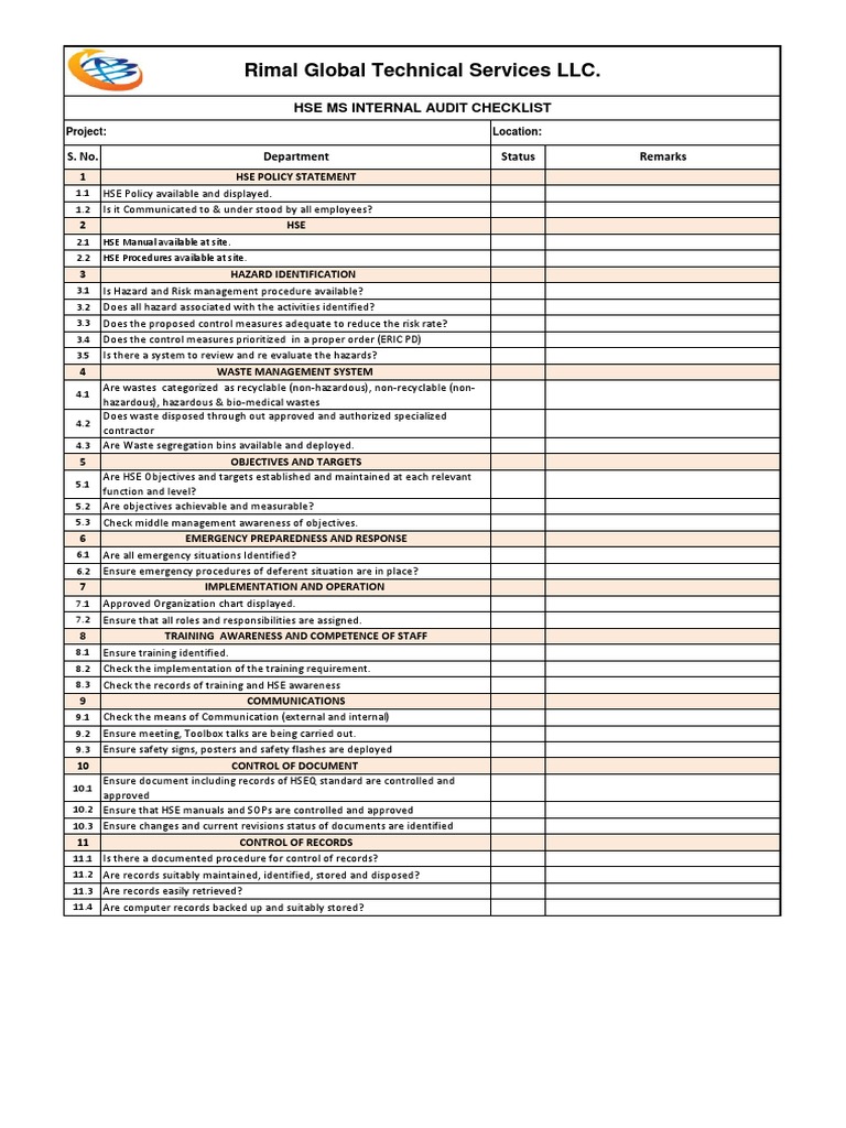 HSE Internal Audit Checklist Overview | PDF | Technology & Engineering