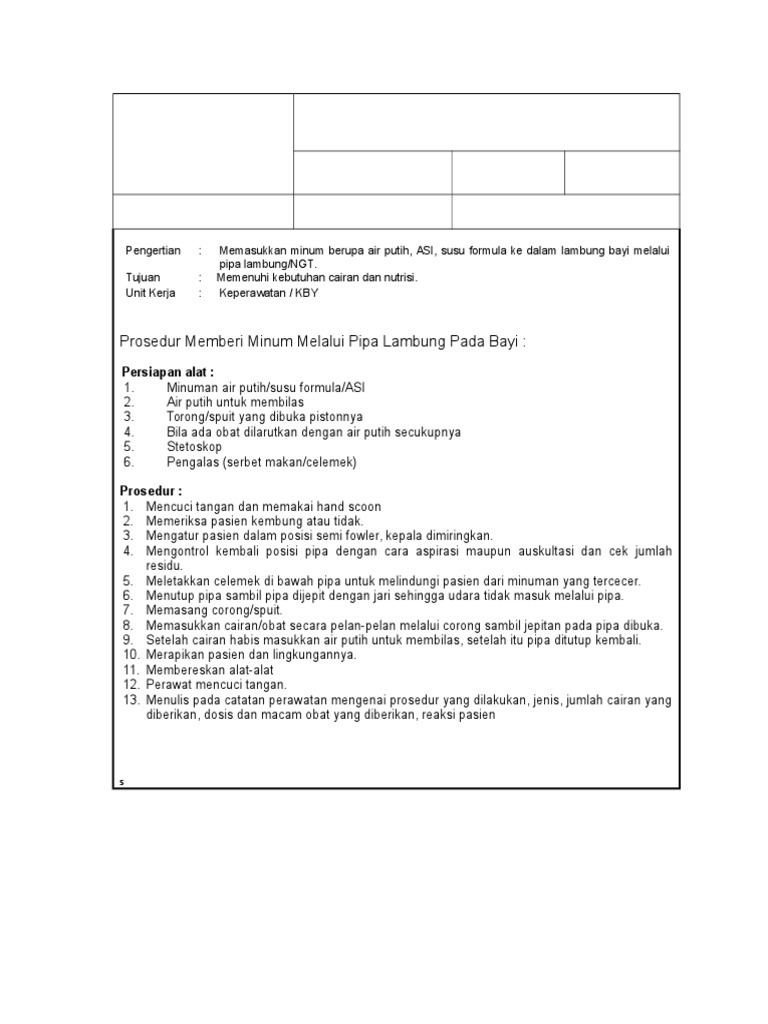Prosedur Pemberian Minum NGT pada Bayi | PDF