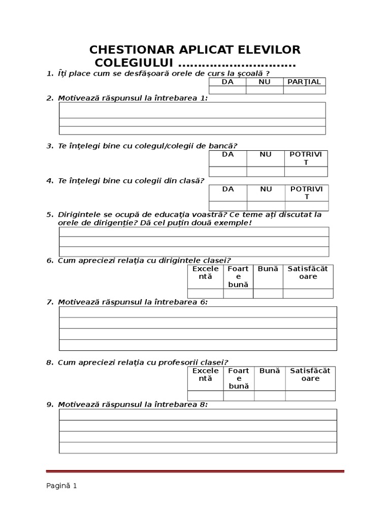 Chestionar de Satisfactie Pentru Elevi 2017 | PDF