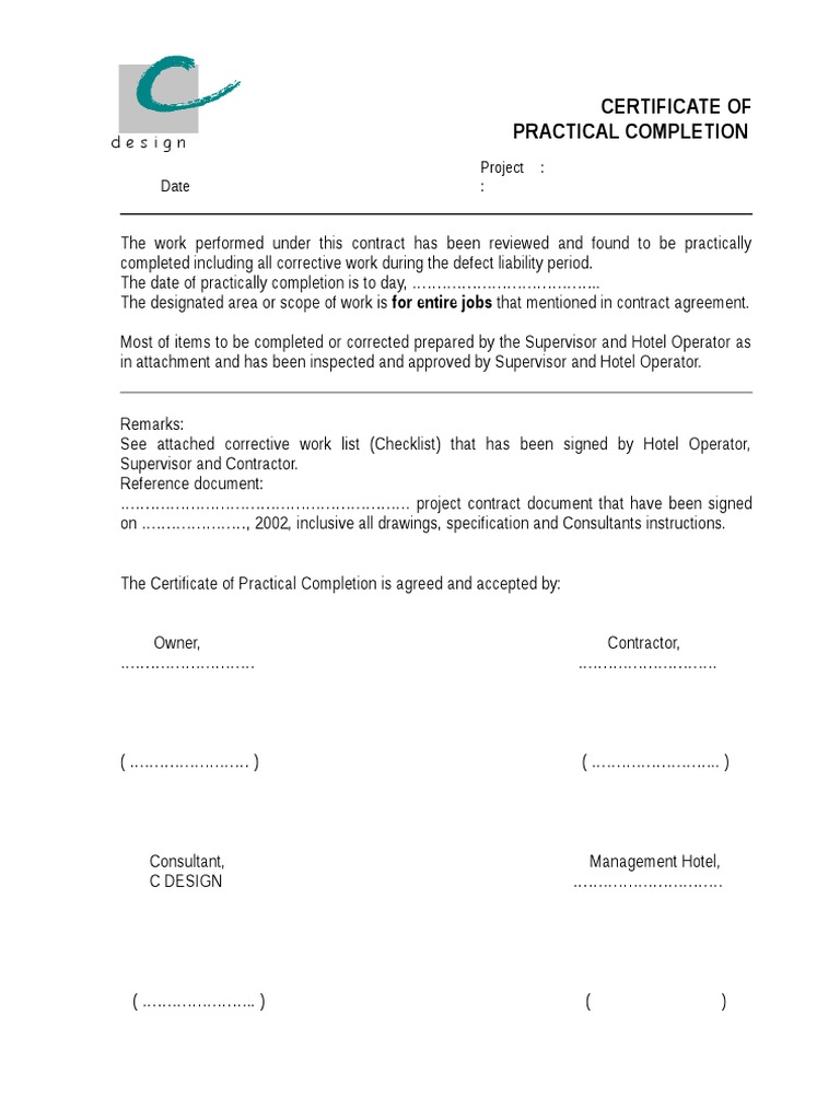 Certificate of Practical Completion: Project: Date: Design | PDF
