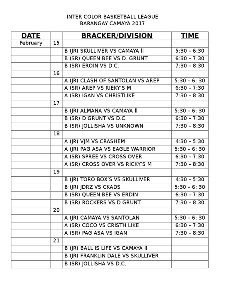 Inter Color Basketball League Schedule | PDF | Sports | Leisure