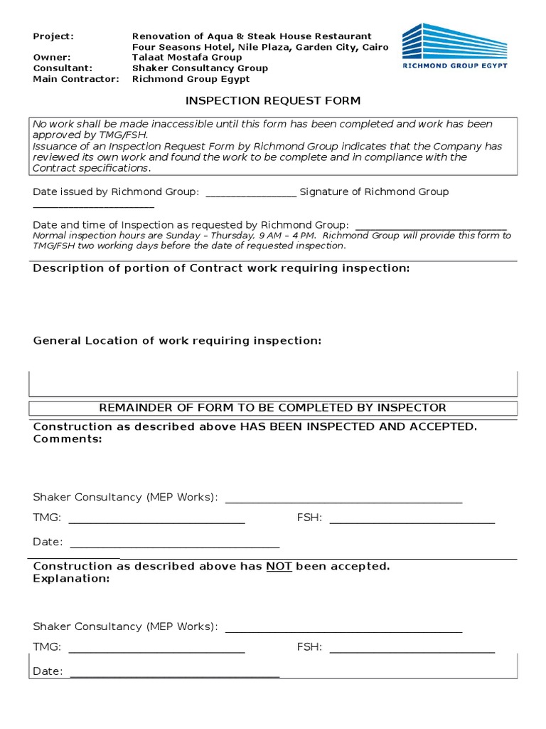 INSPECTION REQUEST and Mateiral Approval Aqua | PDF