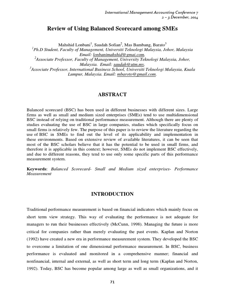 Review of Using Balanced Scorecard Among SMEs | PDF | Strategic ...