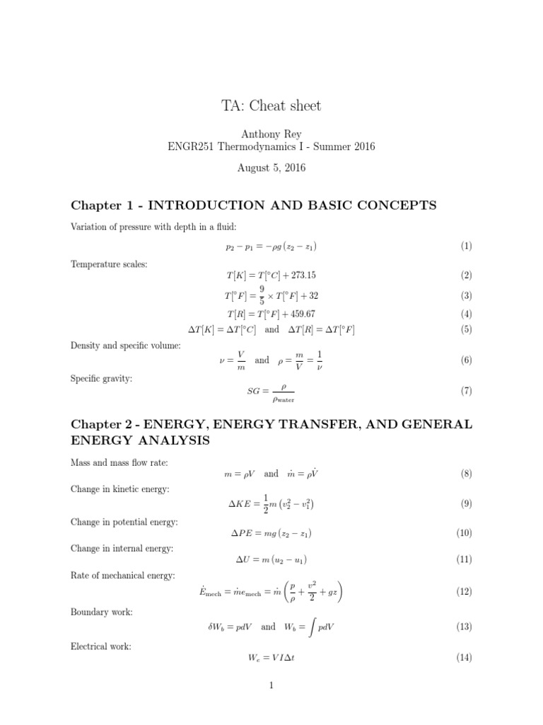 Thermodynamics Equation Sheet