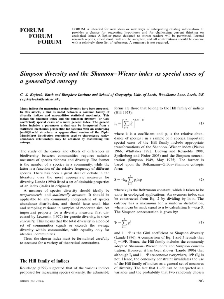 Simpson Diversity and The Shannon - Wiener Index As Special Cases of A ...