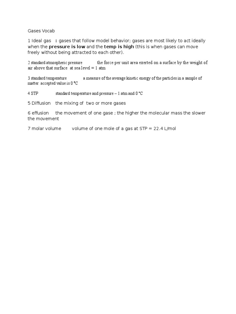 Gas Vocabulary and Definitions | PDF | Teaching Methods & Materials ...